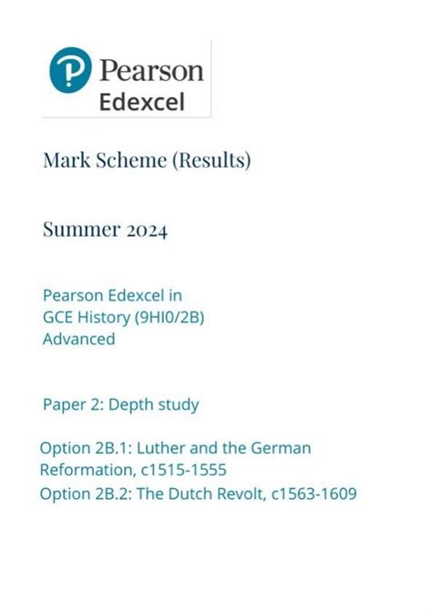 Pearson Edexcel In GCE History HI B Advanced Paper Depth Study Option B Luther And