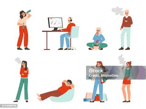 십대의 나쁜 습관 중독자 알코올 흡연 및 컴퓨터 게임 쇼핑 중독 과식 및 게으름 건강에 해로운 라이프 스타일 아늑한 벡터 캐릭터