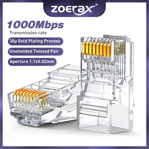 Zoerax Cat6 Rj45 Connector 8p8c Modular Ethernet Cable Head Plug 50u Gold Plated Crimp Network