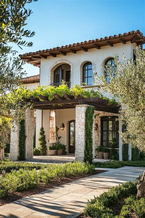 Modern Italian Mediterranean House Facade With Vine Covered Pergola