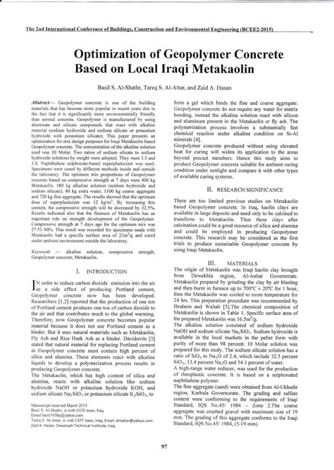 Pdf Optimization Of Geopolymer Concrete Based On Local Iraqi Metakaolin