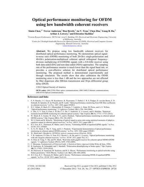 Pdf Optical Performance Monitoring For Ofdm Using Low Bandwidth Coherent Receivers