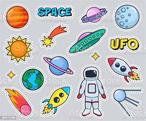 귀여운 패치 세트 우주 비행사 행성 태양 지구 로켓 우주선으로 Ufo 혜성 위성와 회색 배경에 별 달 개체 그룹에 대한 스톡 벡터 아트 및 기타 이미지 Istock