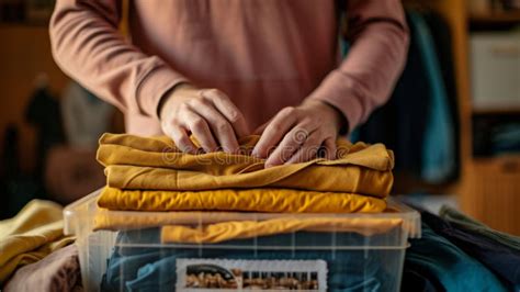 Person Is Sorting Through Various Clothing Items With A Donation Box