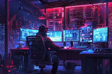 A Hacker Works Intently At A Desk Enveloped By Glowing Computer