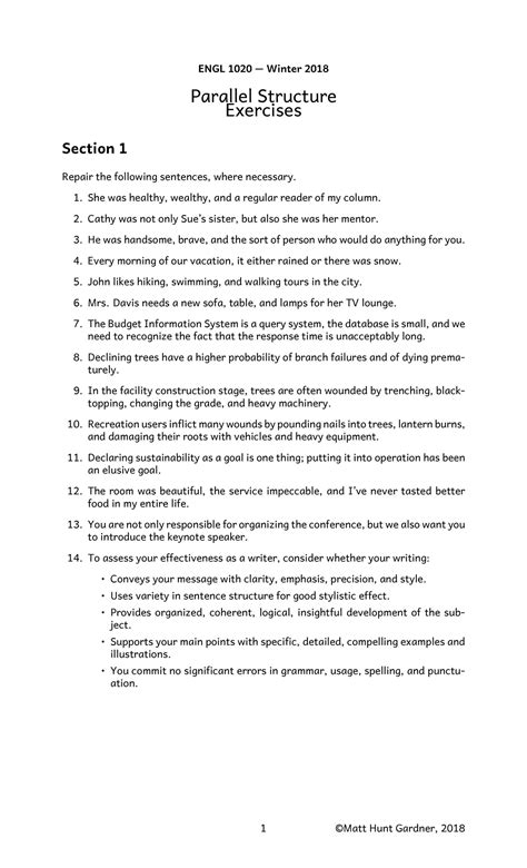 Parallel Structure Exercises With Answers Engl 1020 Winter 2018 Parallel Structure Exercises