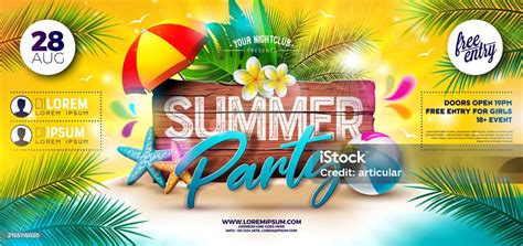 여름 해변 파티 배너 전단지 디자인 와 꽃 와 비치 공 와 열대 섬 와 타이포그래피 Lettering 통하고 있는 포도 수확 목제 널 널 배경 배경 벡터 여름 휴일 일러스트