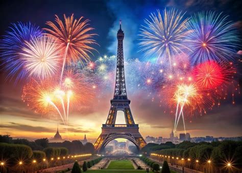 Eiffel Tower Night Fireworks In Paris France On Bastille Day Premium