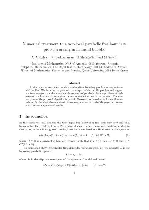 Pdf Numerical Treatment To A Non Local Parabolic Free Boundary