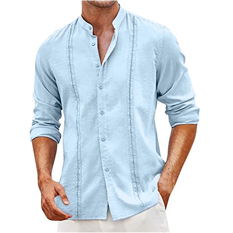 Ylsdy Fashion Mens Long Sleeve Linen Henley Shirt Embroidered Mandarin