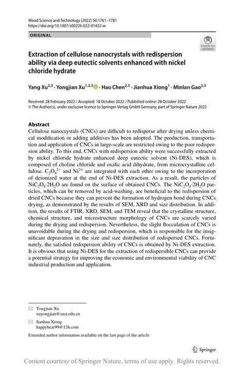Extraction Of Cellulose Nanocrystals With Redispersion Ability Via Deep Eutectic Solvents