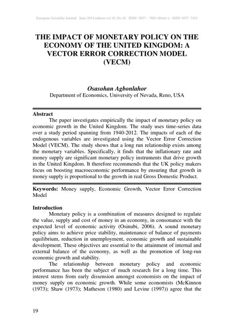 Pdf The Impact Of Monetary Policy On The Economy Of The United Kingdom A Vector Error