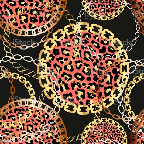 골든 체인과 표범 인쇄와 패션 완벽 한 패턴입니다 체인 금속 액세서리와 패브릭 디자인 배경입니다 패션 액세서리와 고급 스러운 선형 인쇄 가죽에 대한 스톡 벡터 아트 및 기타