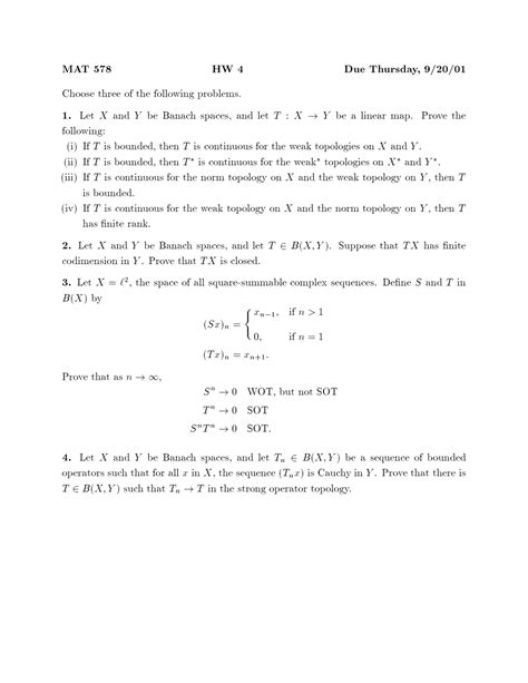 4 Problems On Functional Analysis Assignment 4 Mat 578 Docsity