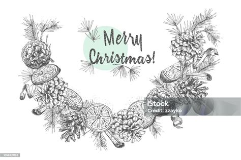 전나무 나무 가지 소나무 콘 흰색 배경에 고립의 현실적인 식물 잉크 밑그림 디자인 템플릿 초대장 인사말 카드에 대 한 좋은 아이디어 벡터 일러스트 0명에 대한 스톡 벡터