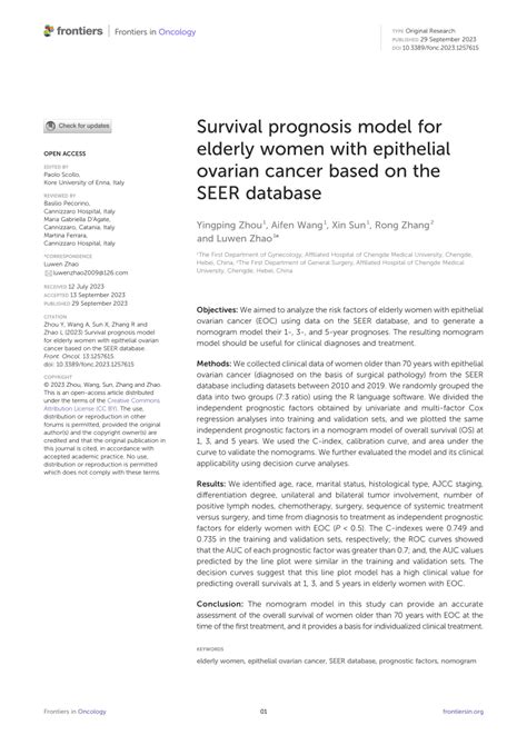 Pdf Survival Prognosis Model For Elderly Women With Epithelial