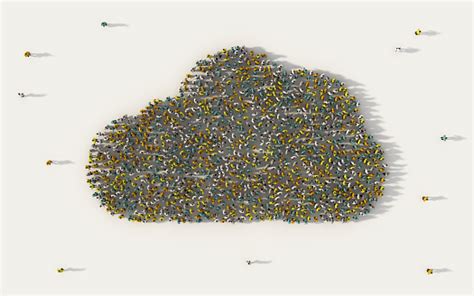 소셜 미디어와 흰색 바탕에 커뮤니티 개념에 구름 기호를 형성 하는 사람들의 큰 그룹 위의 군중 그림의 3d 기호 함께 모여 3