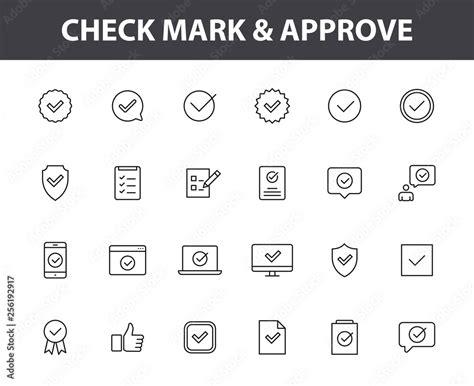 Set Of Check Mark Web Icons In Line Style Stamp Check List Verified Approval Accepted