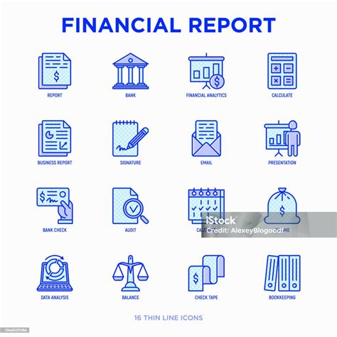 재무 보고서 선 아이콘 세트 은행 금융 분석 계산 서명 전자 우편 프레 젠 테이 션 은행 수 표 감사 캘린더 수입 균형 현대