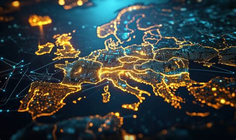 Illuminated Map Of Europe With Network Connections And Data Visualization Elements Stock Image