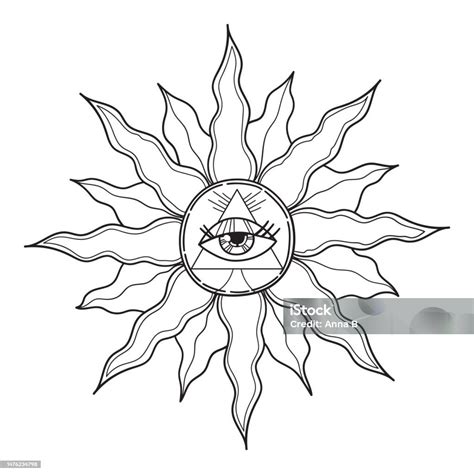눈으로 태양 보헤미안 손 그림 난해한 스케치 조각 양식 문신 점성술 스티커 타로를위한 디자인 벡터 그림입니다 검은색에 대한 스톡 벡터 아트 및 기타 이미지 Istock