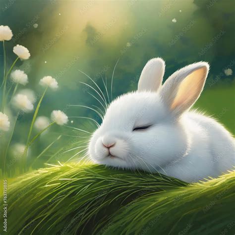 풀 밭 위에 누워 자는 하얀 아기 토끼 Stock Illustration Adobe Stock