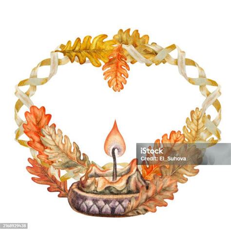 오렌지와 갈색의 가을 떡갈나무 잎 꽃병 촛불 밀짚 공예 장식 수채화 그림이 있는 타원형 엽서 템플릿입니다 자연 단풍의 질감 추수 감사절 추수 감사절을위한 도토리 0명에 대한