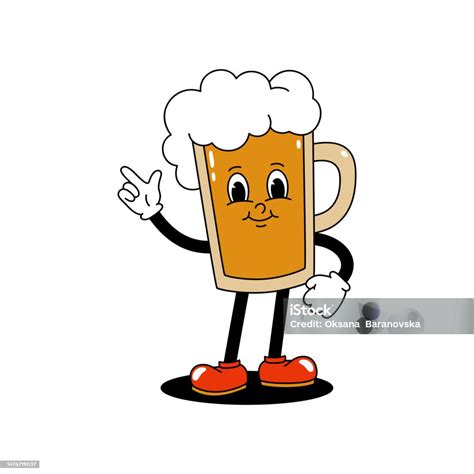 벡터 만화 복고풍 마스코트 컬러 그림 맥주 한 잔의 산책 빈티지 스타일의 30 년대 40 년대 50 년대 오래된 애니메이션 클립