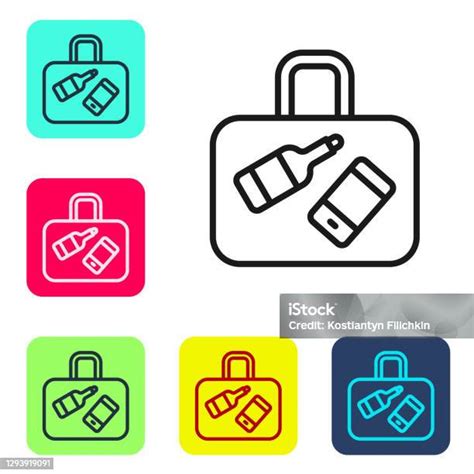 흰색 배경에 격리 된 여행 아이콘에 대한 검은 줄 가방 여행 수하물 표지판 여행 수하물 아이콘 색상 정사각형 단추로 아이콘을 설정합니다 벡터 가방에 대한 스톡 벡터 아트 및