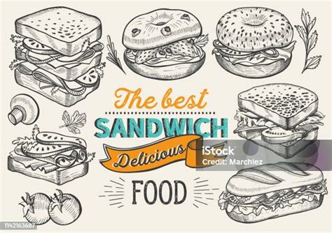 샌드위치 일러스트베이글 간식 햄버거 레스토랑 카페와 패스트 푸드 트럭에 대 한 벡터 손으로 그린 포스터입니다 레터링과 낙서 빈티지 그래픽 디자인 샌드위치 음식에 대한 스톡