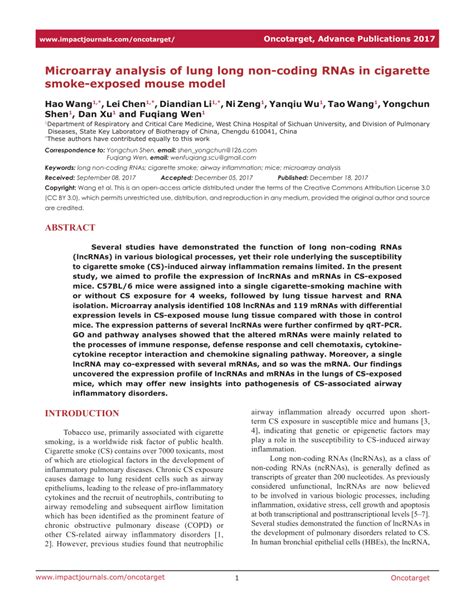 Pdf Microarray Analysis Of Lung Long Non Coding Rnas In Cigarette Smoke Exposed Mouse Model