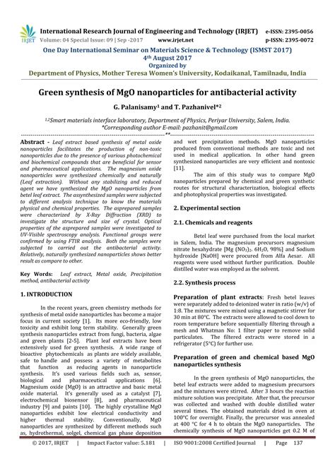 Green Synthesis Of Mgo Nanoparticles For Antibacterial Activity Pdf