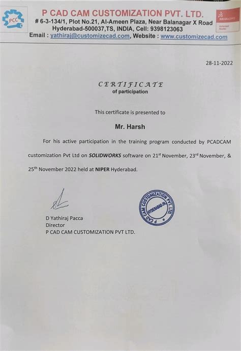 harsh shrivastava on linkedin training program conducted by pcadcam on solidworks completed