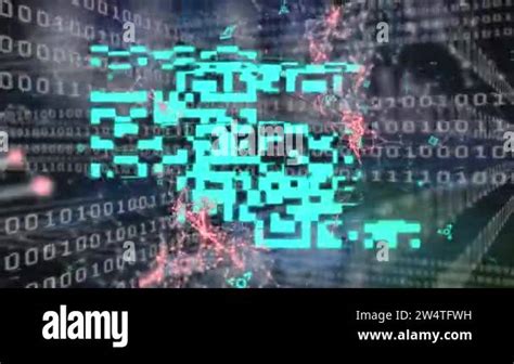 Animation Of A Blue Qr Code With Multiple Lines Of Numbers And Red Web
