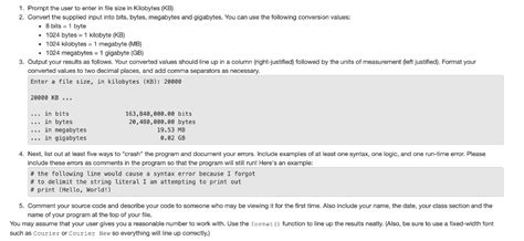 Solved 1 Prompt The User To Enter In File Size In Kilobytes