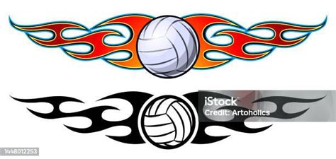 배구 공과 불 불꽃 벡터 삽화 세트 불타는 배구 공 그래픽 자동차 스티커와 로고 템플릿입니다 가죽에 대한 스톡 벡터 아트 및 기타 이미지 Istock