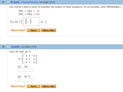 solved use cramer s rule to solve if possible the system