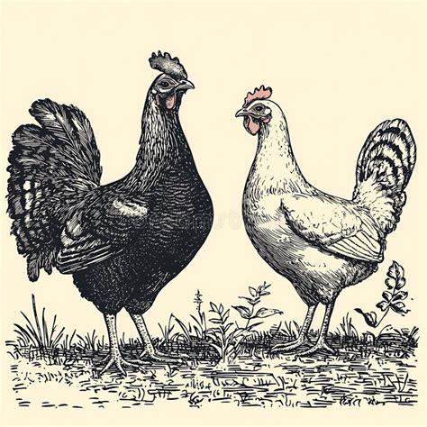 Detailed Ink Drawing Of A Rooster And Hen In A Rustic Setting Stock