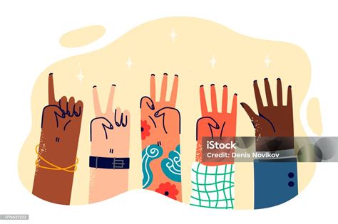 1부터 5까지 숫자를 시연하는 다양한 사람들의 손 사용자의 컨셉 피드백 개념에 대한 스톡 벡터 아트 및 기타 이미지 개념