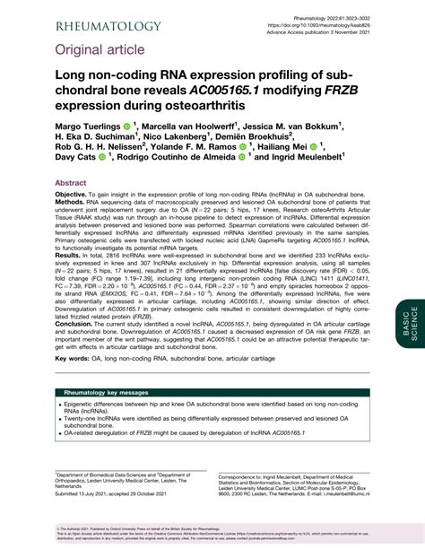 Pdf Long Non Coding Rna Expression Profiling Of Subchondral Bone