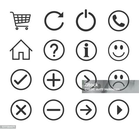 웹 응용 프로그램 인터페이스 아이콘 컬렉션입니다 벡터 기호 집합입니다 홈 쇼핑 카트 전원 및 정보 버튼 기호 질문 행복 슬픈 체크 마크 로고 흰색 배경에 격리 It 지원에