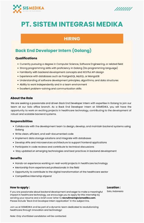 Lowongan Kerja And Magang Februari 2024 Pt Sistem Integrasi Medika Back End Developer Intern