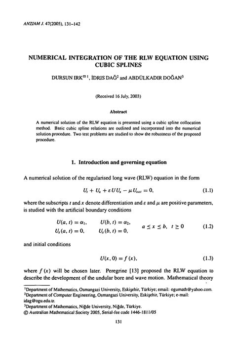 Pdf Numerical Integration Of The Rlw Equation Using Cubic Splines