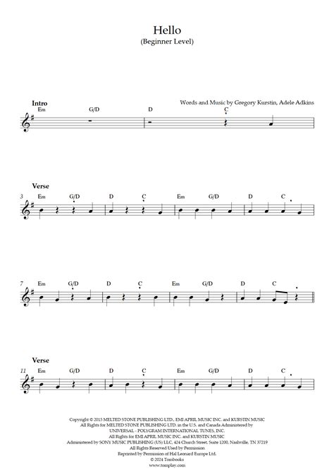 Hello Beginner Level Adele Flute Sheet Music