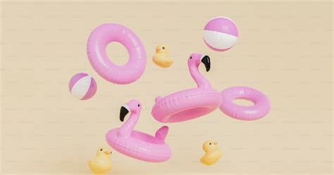 분홍색 풍선 플라밍고 공과 베이지색 배경에 노란색 고무 오리가 있는 수영 반지의 3d 렌더링 사진 Unsplash의 장난감 이미지