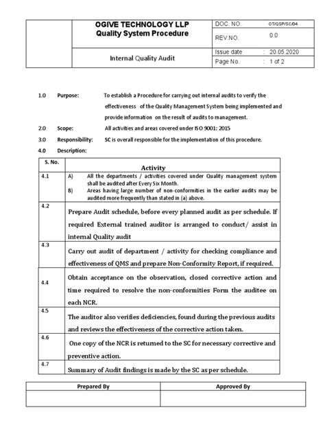 Internal Quality Audit Ogive Technology Llp Quality System Procedure Pdf Audit Internal Audit