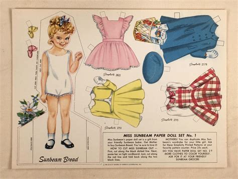 Miss Sunbeam Paper Doll Set 1 1950 Quality Bakers Uncut Paper Dolls