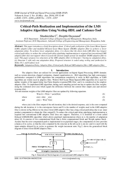Pdf Critical Path Realization And Implementation Of The Lms Adaptive Algorithm Using Verilog