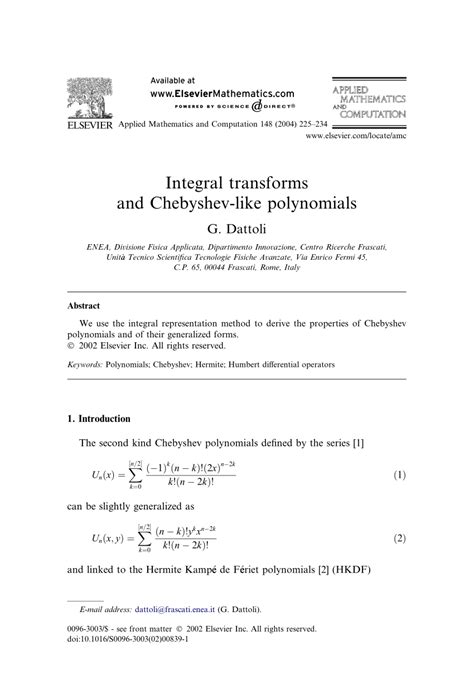 Pdf Integral Transforms And Chebyshev Like Polynomials