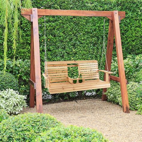 Costway 2 Seat Wooden Porch Swing Bench Folding Cup Holder Metal